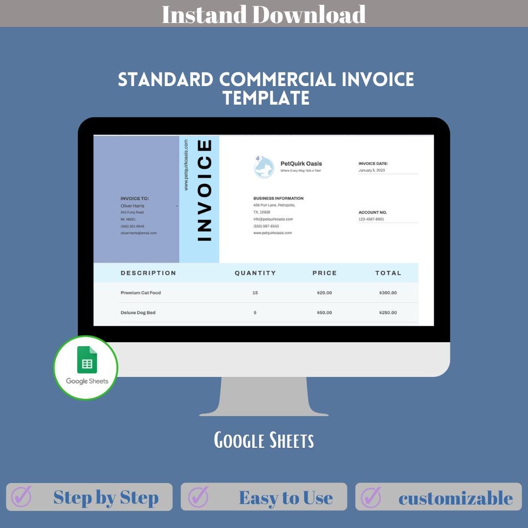 Standard Commercial Invoice Template, Editable Digital Download, Google ...
