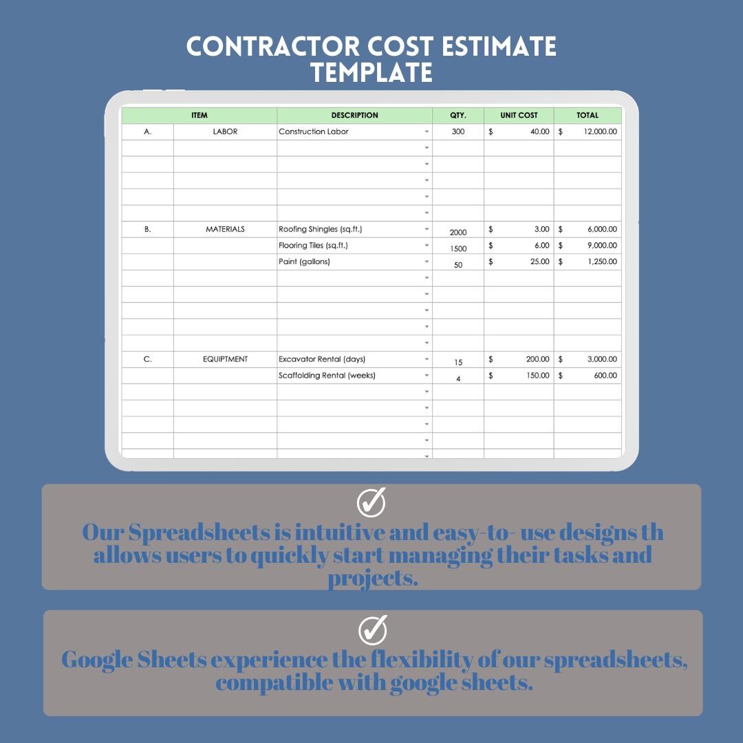 Contractor Cost Estimate Template Google Sheets,editable Construction ...