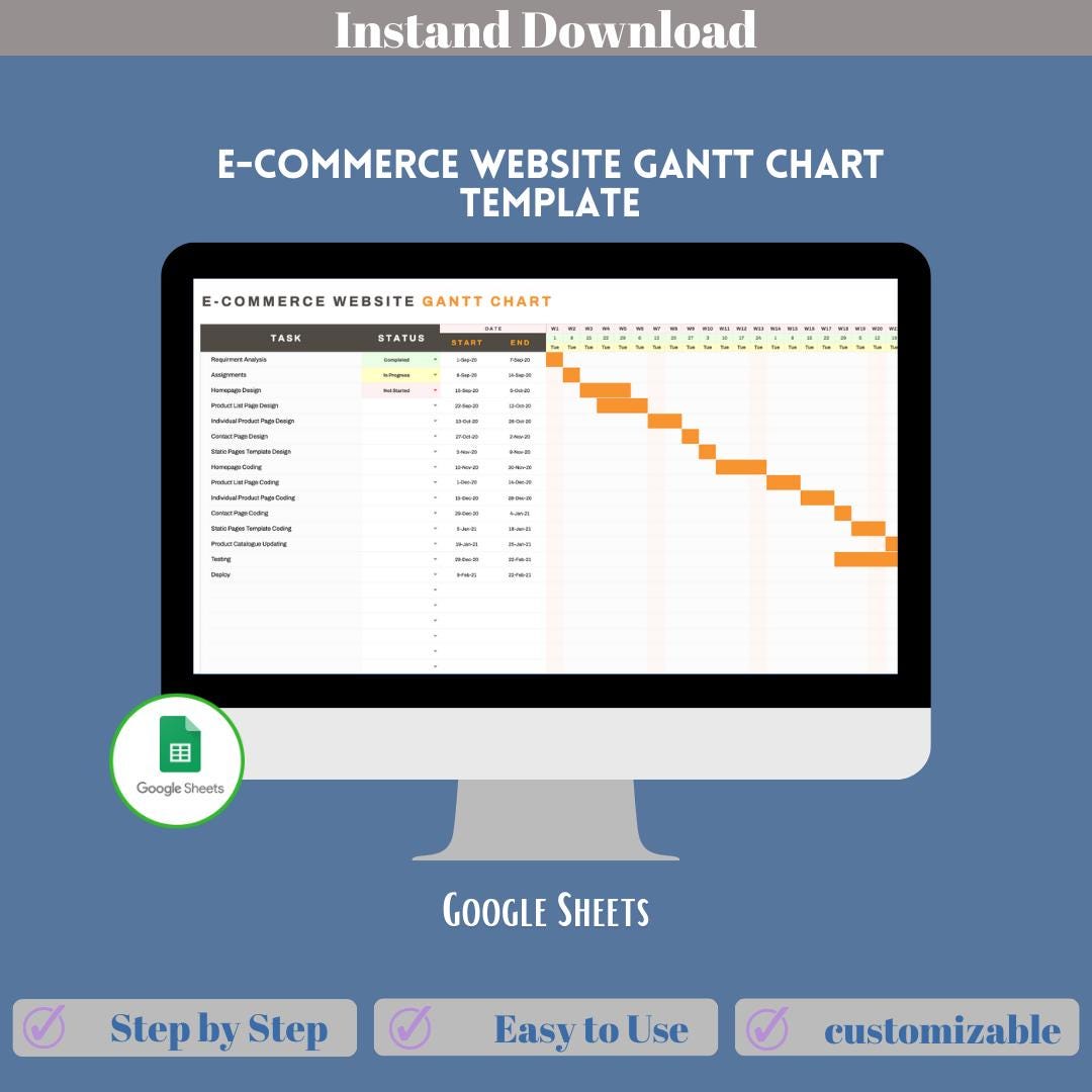 E-commerce Website Gantt Chart Template, Digital Download, Editable ...