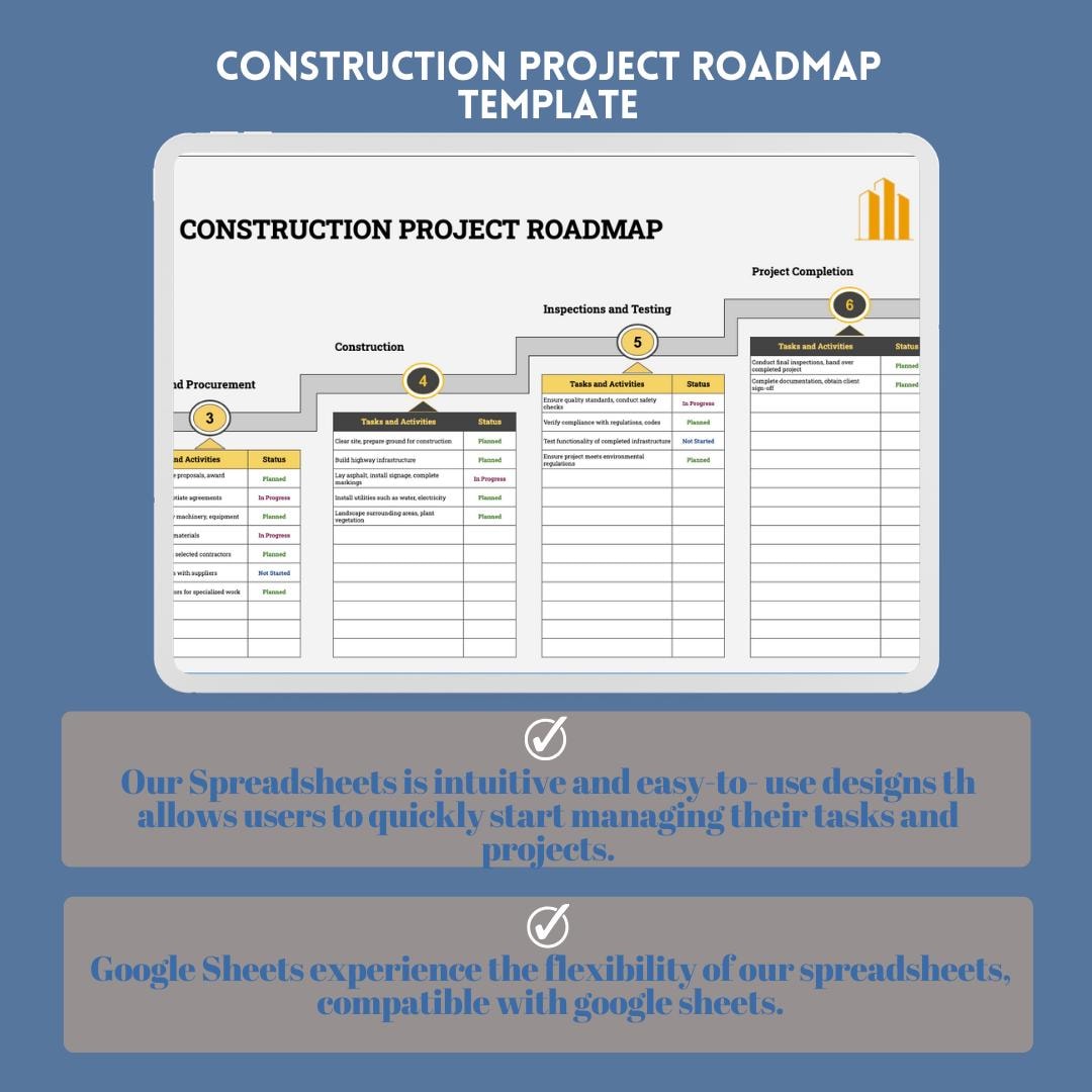 Construction Project Roadmap Template, Digital Download, Editable Excel ...