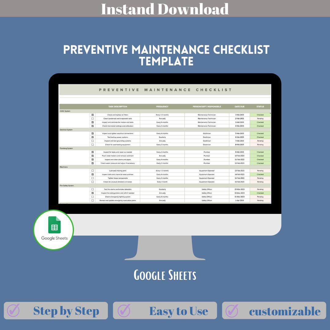 Preventive Maintenance Checklist Template, Digital Download, Editable ...