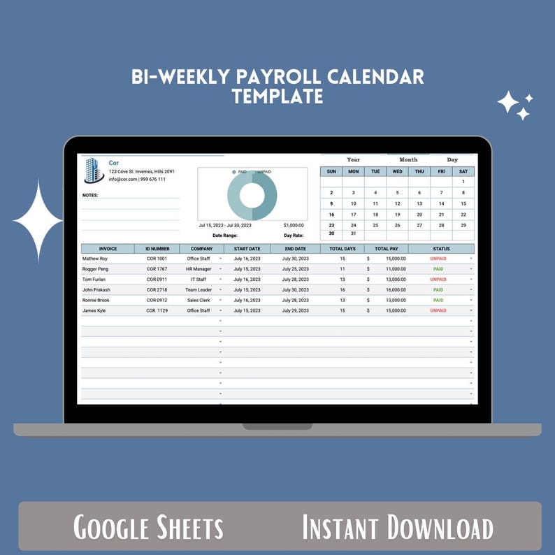 Bi-weekly Payroll Calendar for Small Business, Google Sheets Template ...