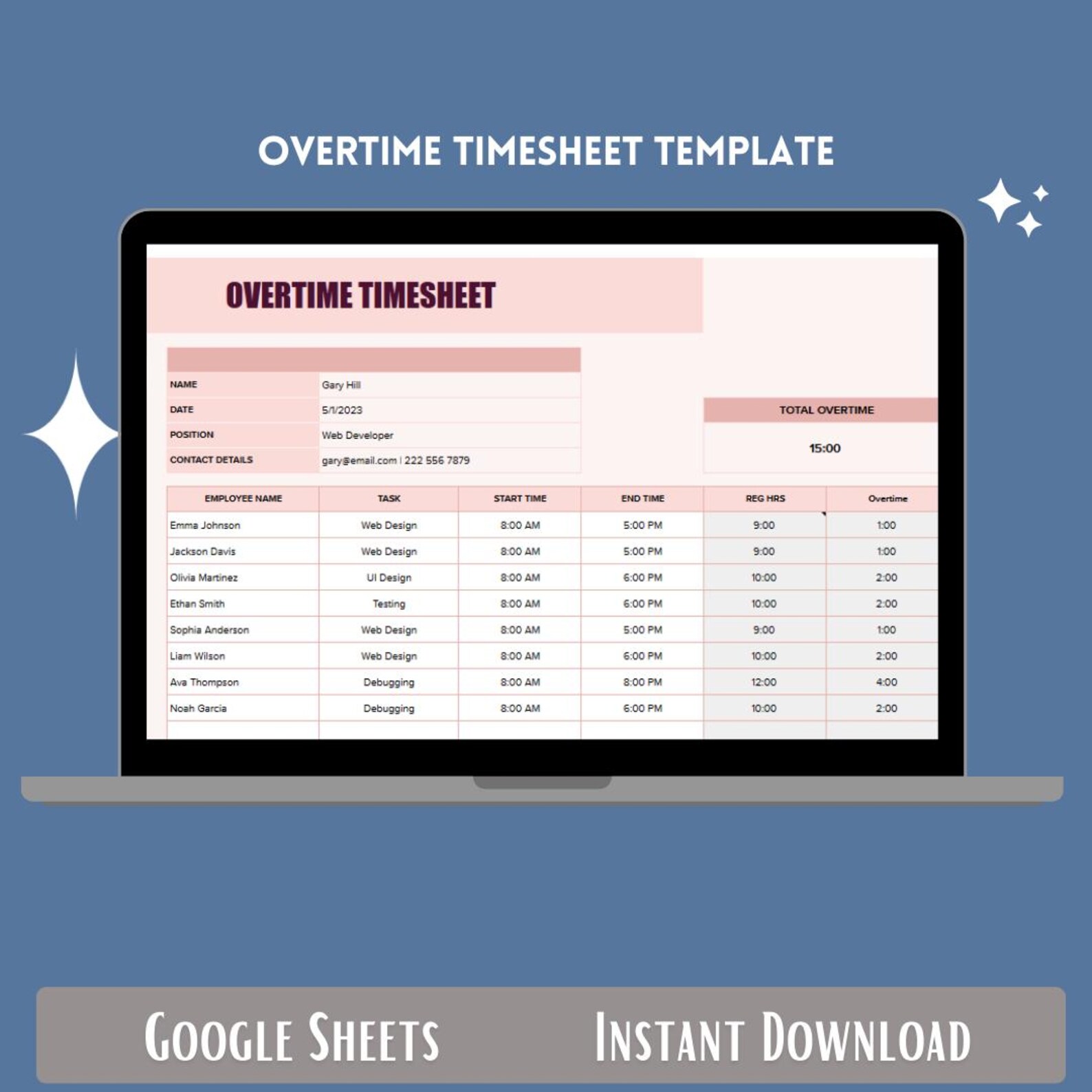 Overtime Timesheet Template,employee Hours, Overtime Tracking, Payroll ...