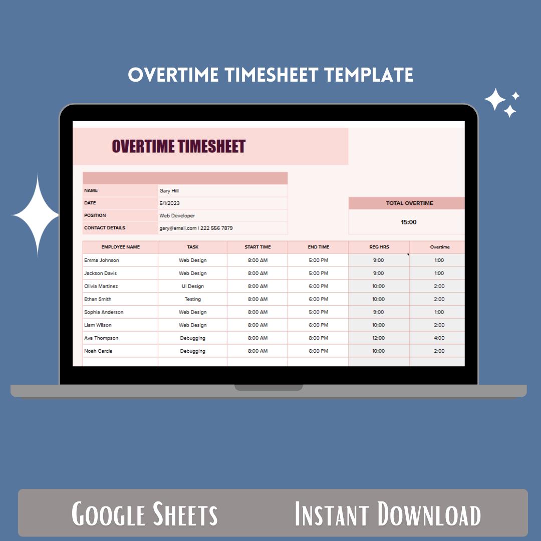 Overtime Timesheet Template,employee Hours, Overtime Tracking, Payroll Management, Work Hours ...
