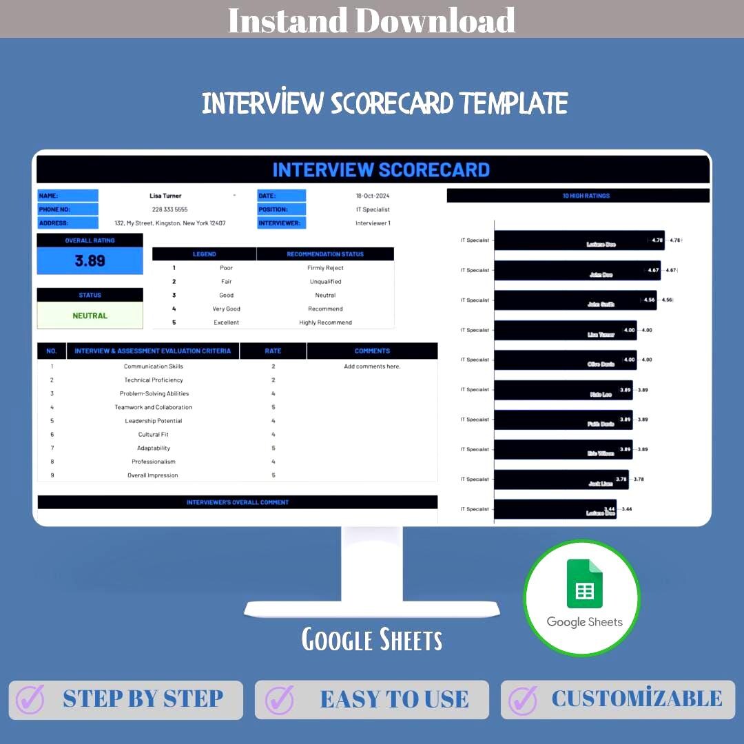 Interview Scorecard Template Google Sheets, Editable Candidate ...
