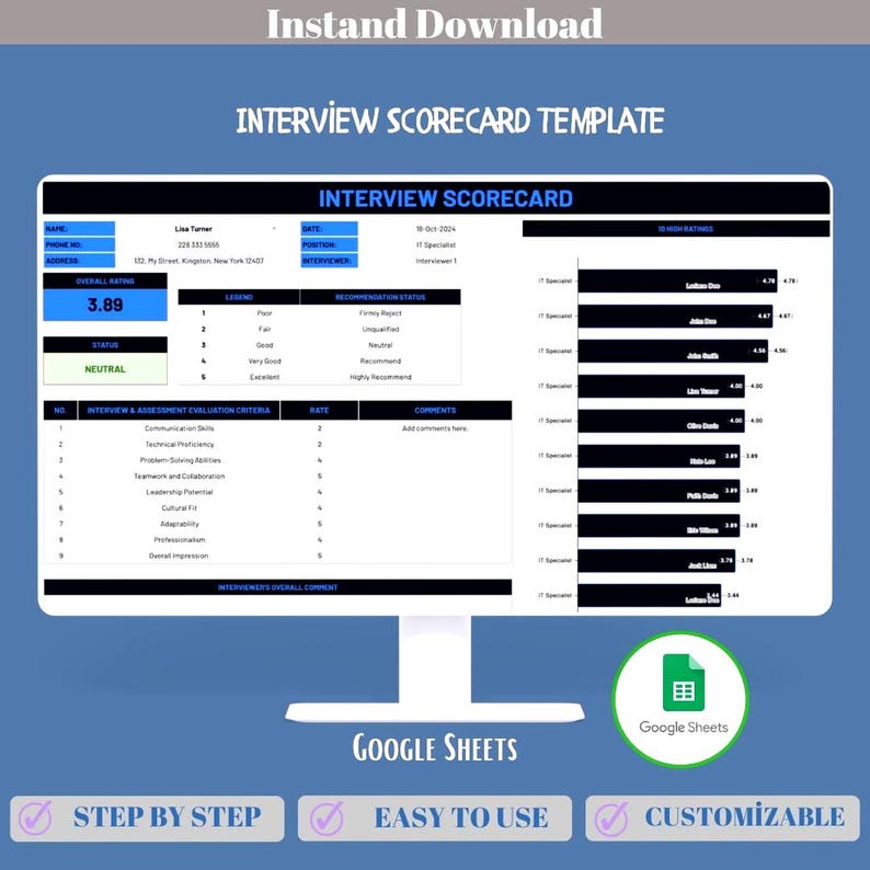 Interview Scorecard Template Google Sheets, Editable Candidate ...