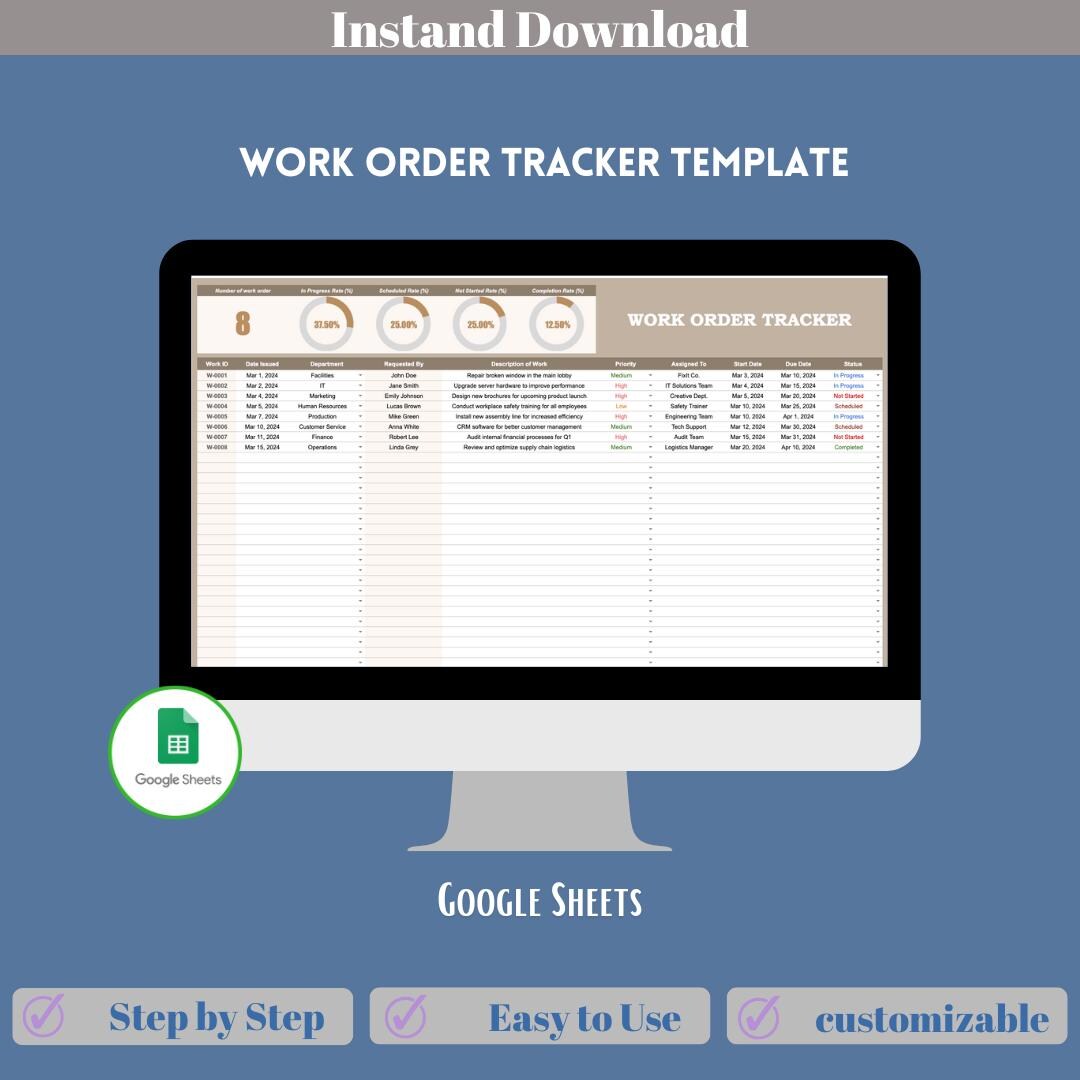Work Order Tracker Template, Digital Download, Editable Google Sheets ...
