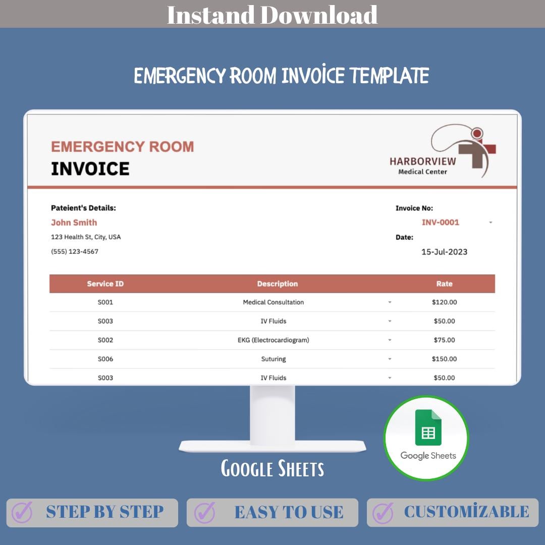 Emergency Room Invoice Template,digital Download,google Sheets,medical ...