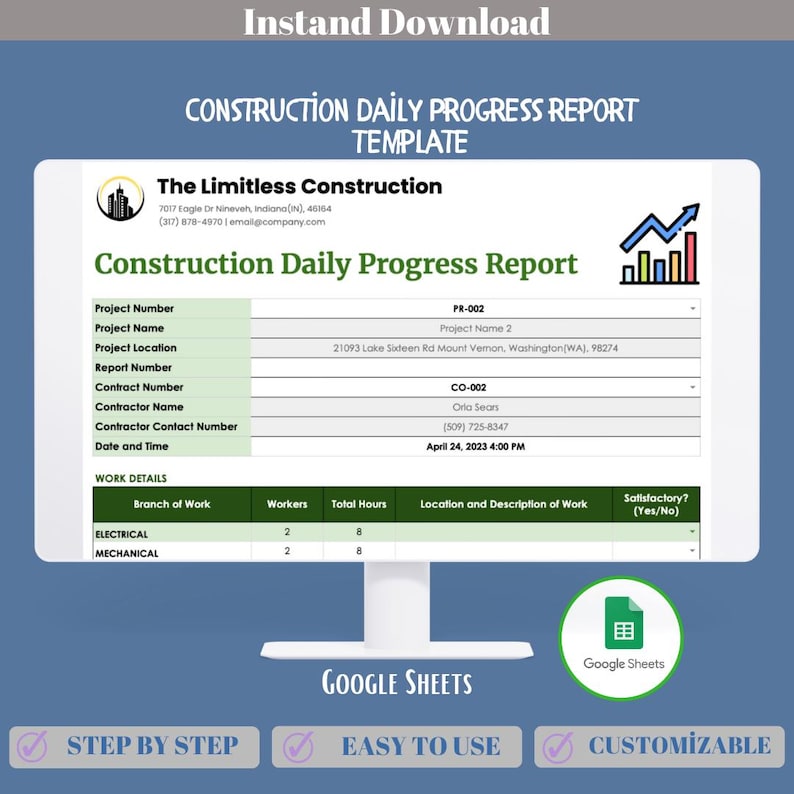 Construction Daily Progress Report Template Google Sheets, Editable ...