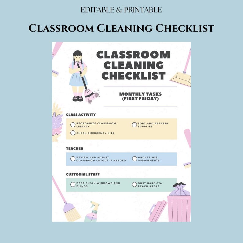 Classroom Cleaning Checklist, Canva Editable Template, School Chore ...