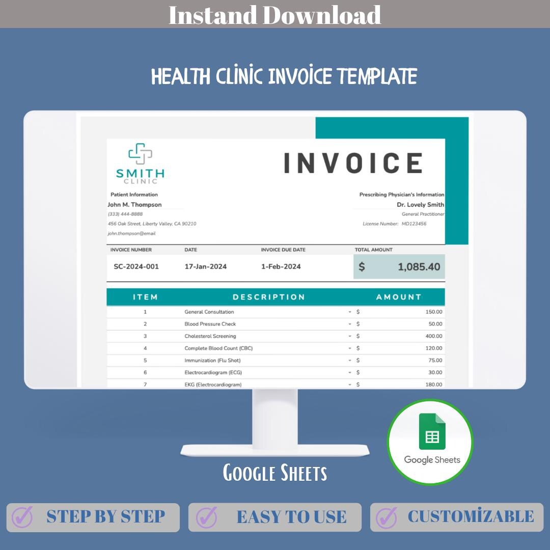 Health Clinic Invoice Template, Editable Digital Download, Google ...