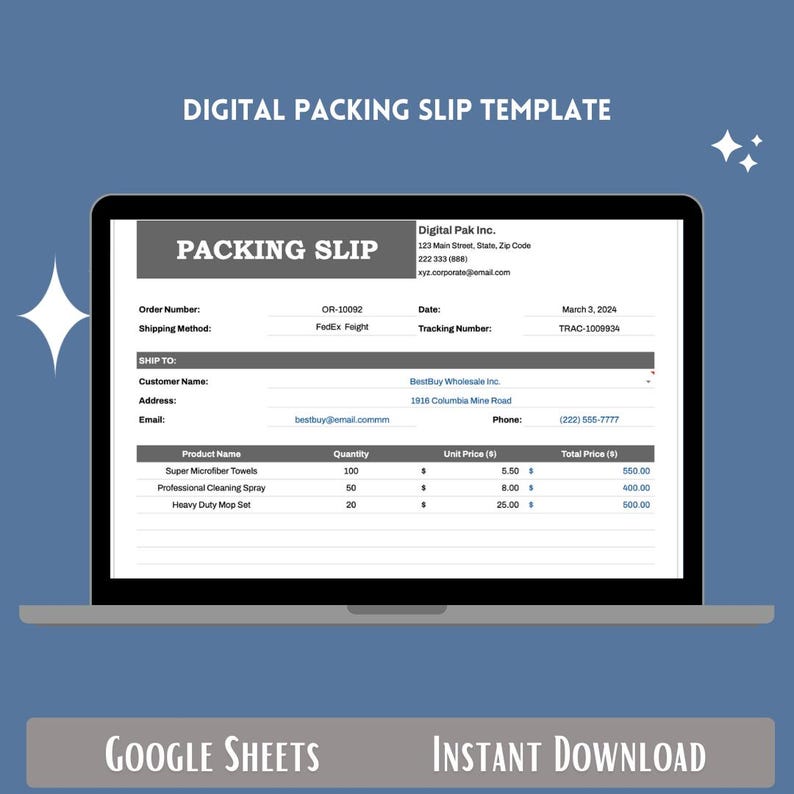 Digital Packing Slip Template, Digital Download, Editable Excel or ...