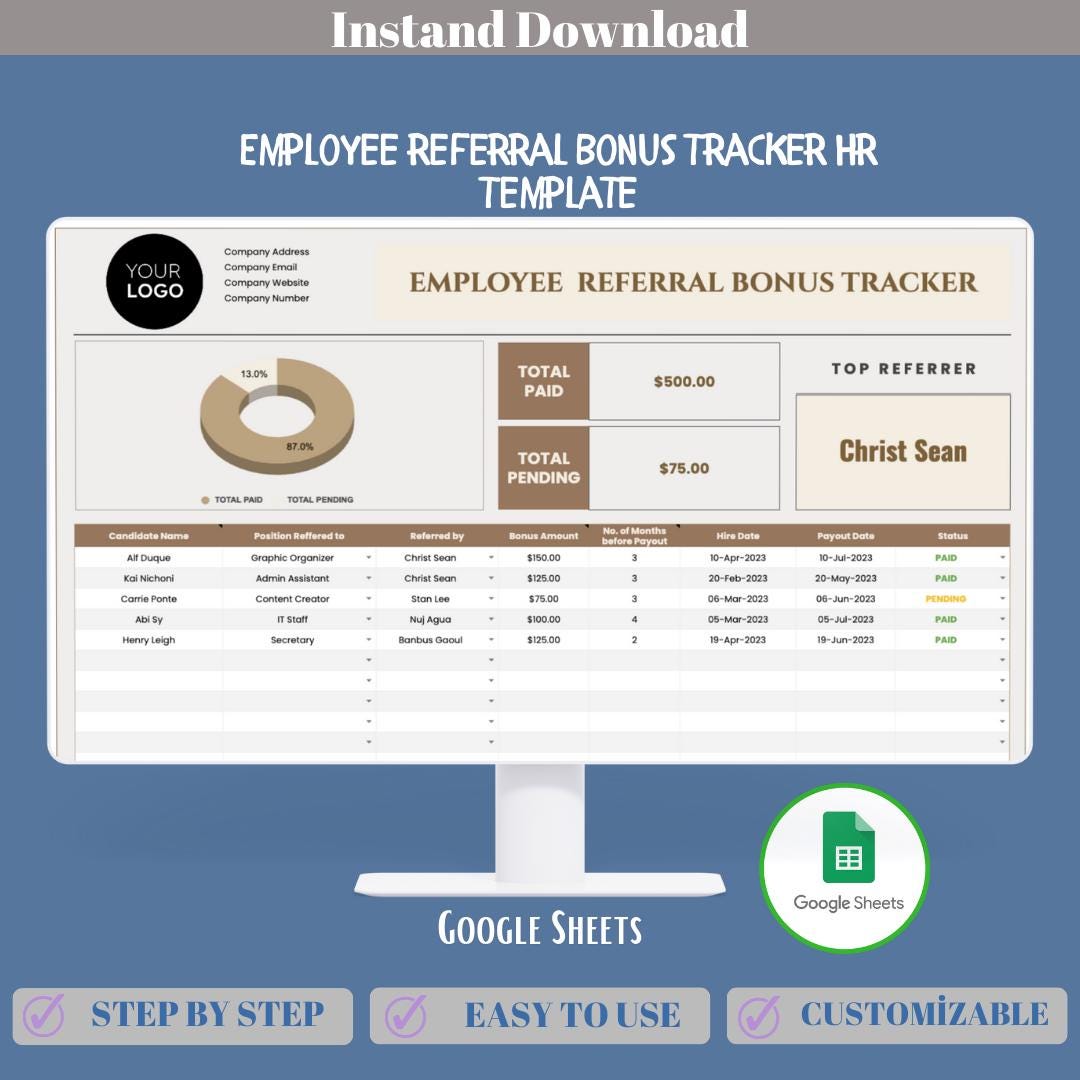 Employee Referral Bonus Tracker Google Sheets,template,hr Recruitment ...
