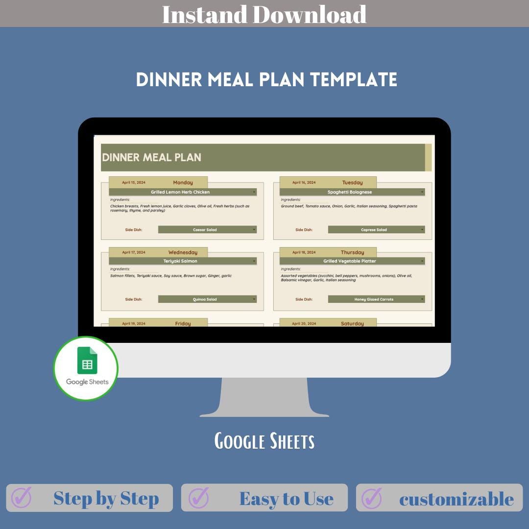 Dinner Meal Plan Template, Digital Download, Editable Excel or Google ...