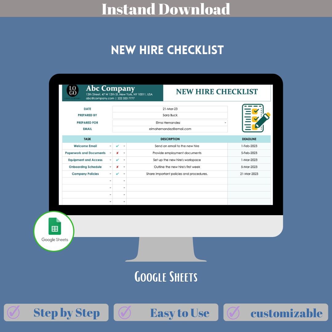 New Hire Checklist, Digital Download, Editable Excel or Google Sheets ...