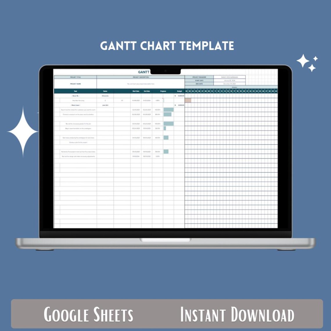 Editable Gantt Chart Template Easy to Use Google Sheets Digital ...