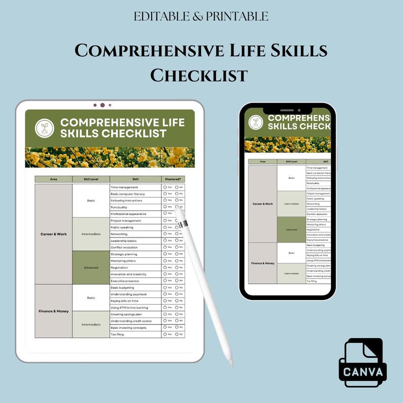 Comprehensive Life Skills Checklist Canva Template, Personal ...