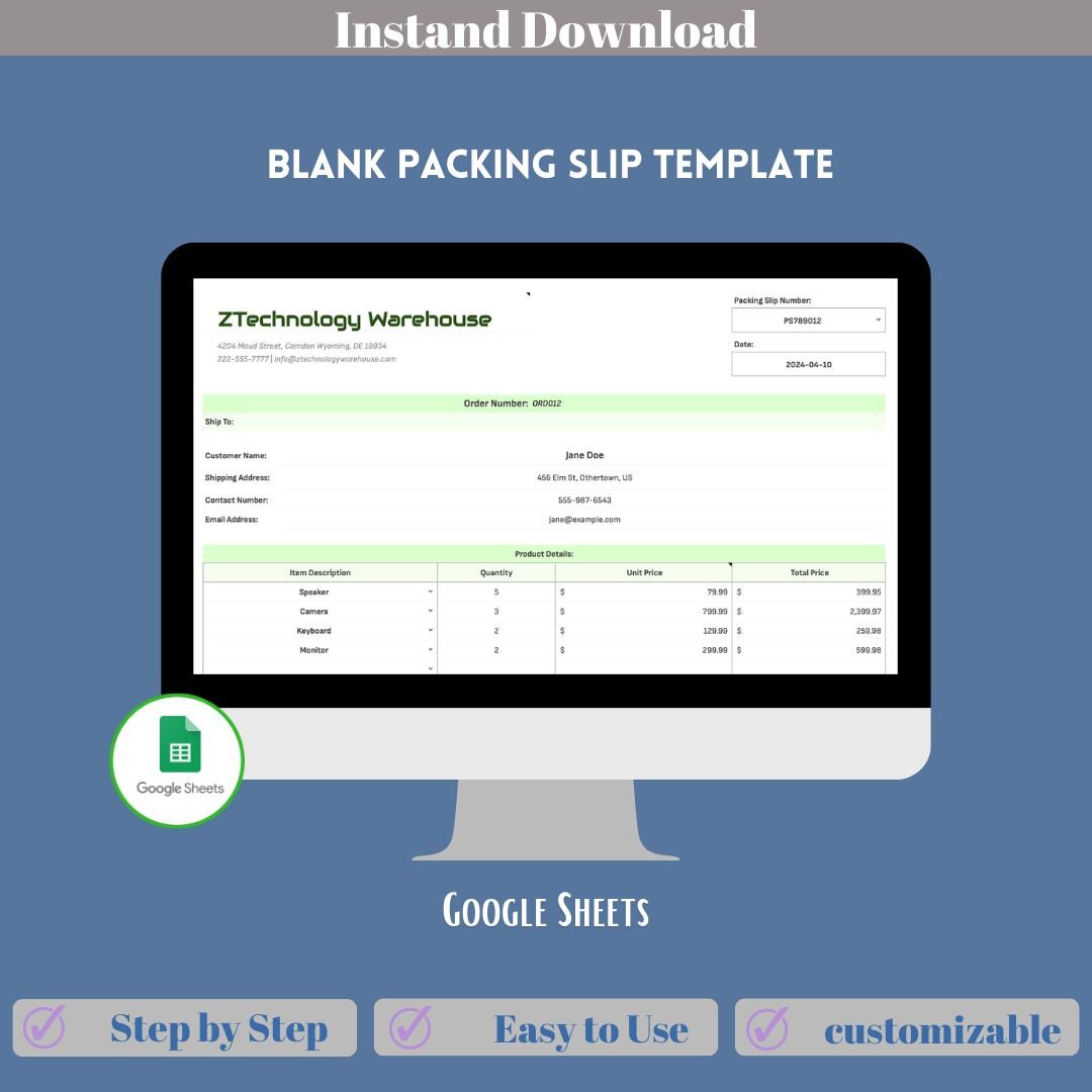 Blank Packing Slip Template, Digital Download, Editable Excel or Google ...