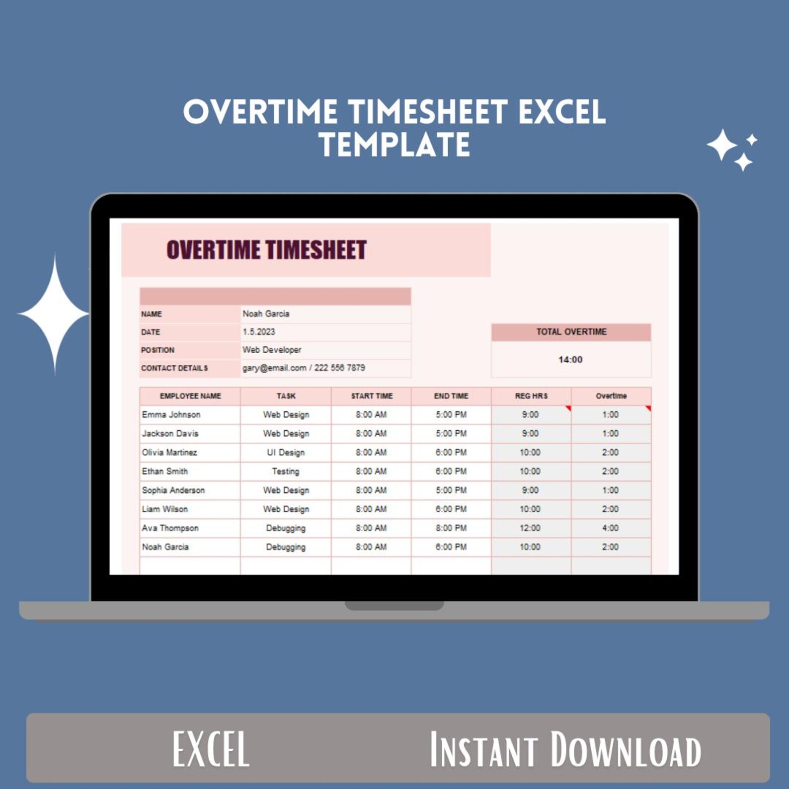 Overtime Timesheet Excel Template for Extra Hour Tracking, Payroll ...