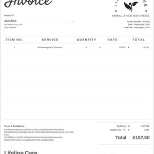 Ambulance Services Invoice Template, Editable Digital Download, Google ...