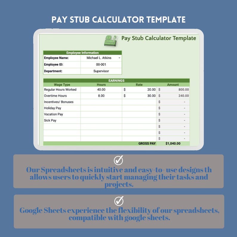 Pay Stub Calculator Google Sheets Template for Gross to Net Pay, Tax ...