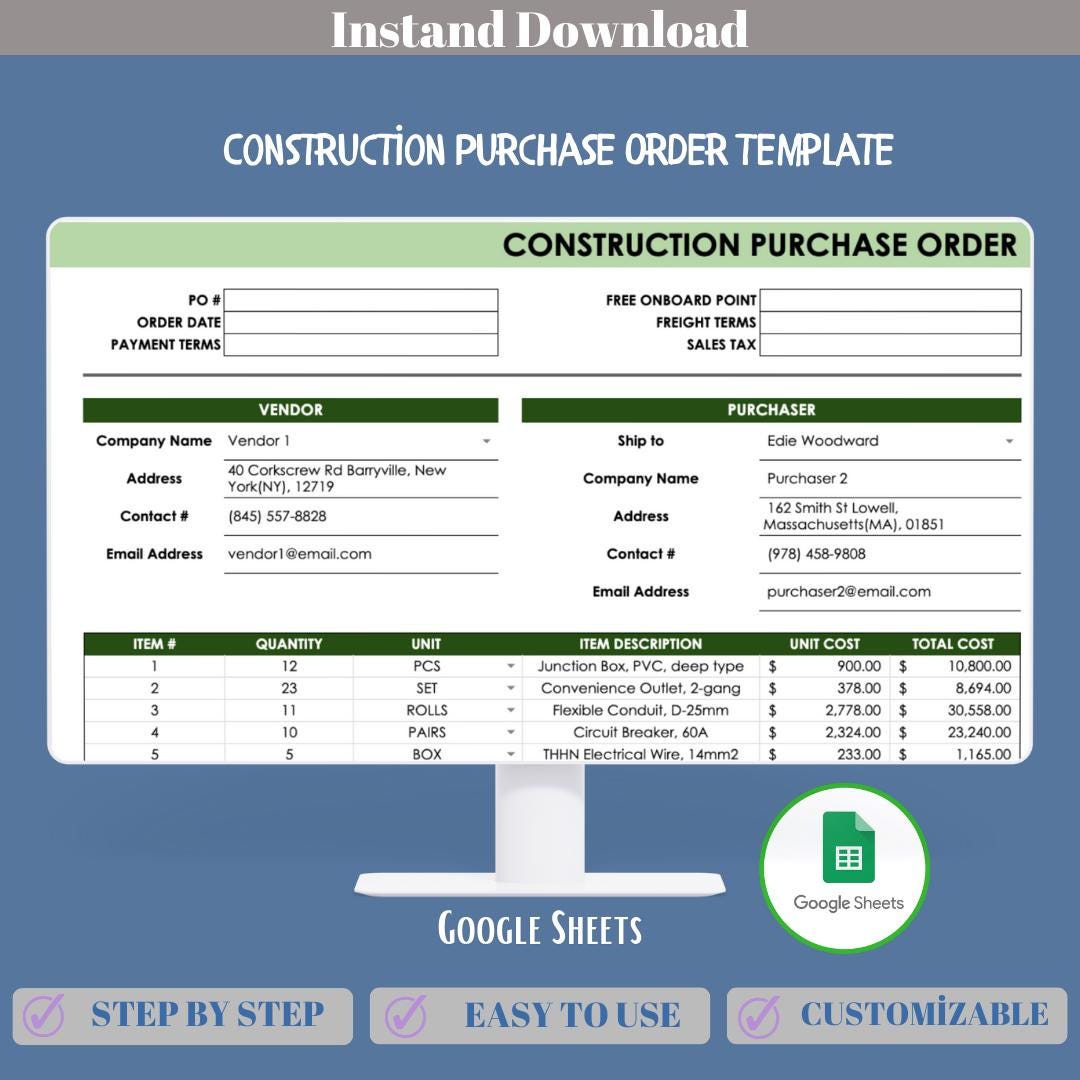 Construction Purchase Order Template Google Sheets, Editable ...