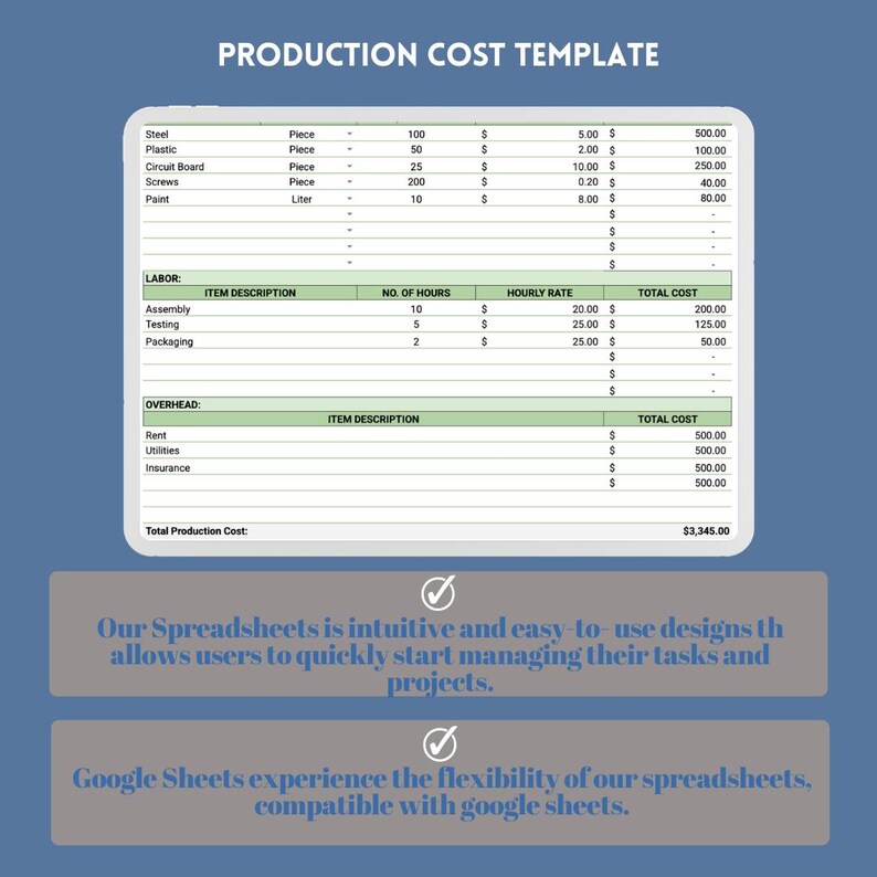 Production Cost Template Google Sheets, Editable Manufacturing Expense ...