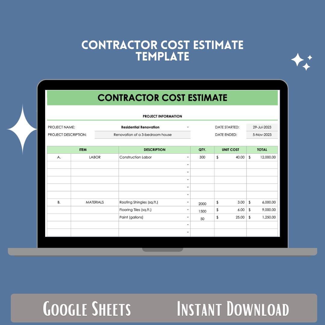 Contractor Cost Estimate Template Google Sheets,editable Construction ...