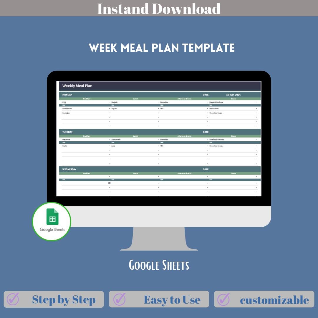 Week Meal Plan Template, Digital Download, Editable Excel or Google ...