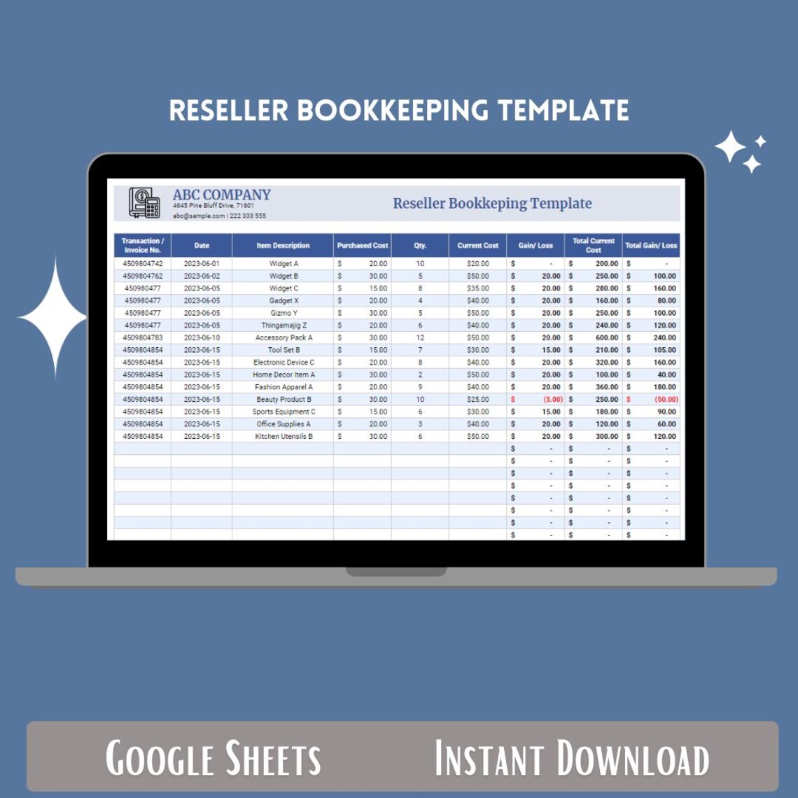 Reseller Bookkeeping Template, Google Sheets, Sales and Expense Tracker ...