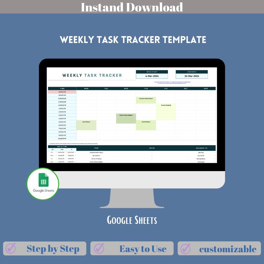 Weekly Task Tracker Template, Digital Download, Editable Google Sheets ...