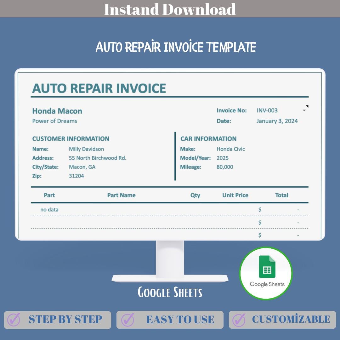 Auto Repair Invoice Template: Google Sheets Car Service Billing - Etsy