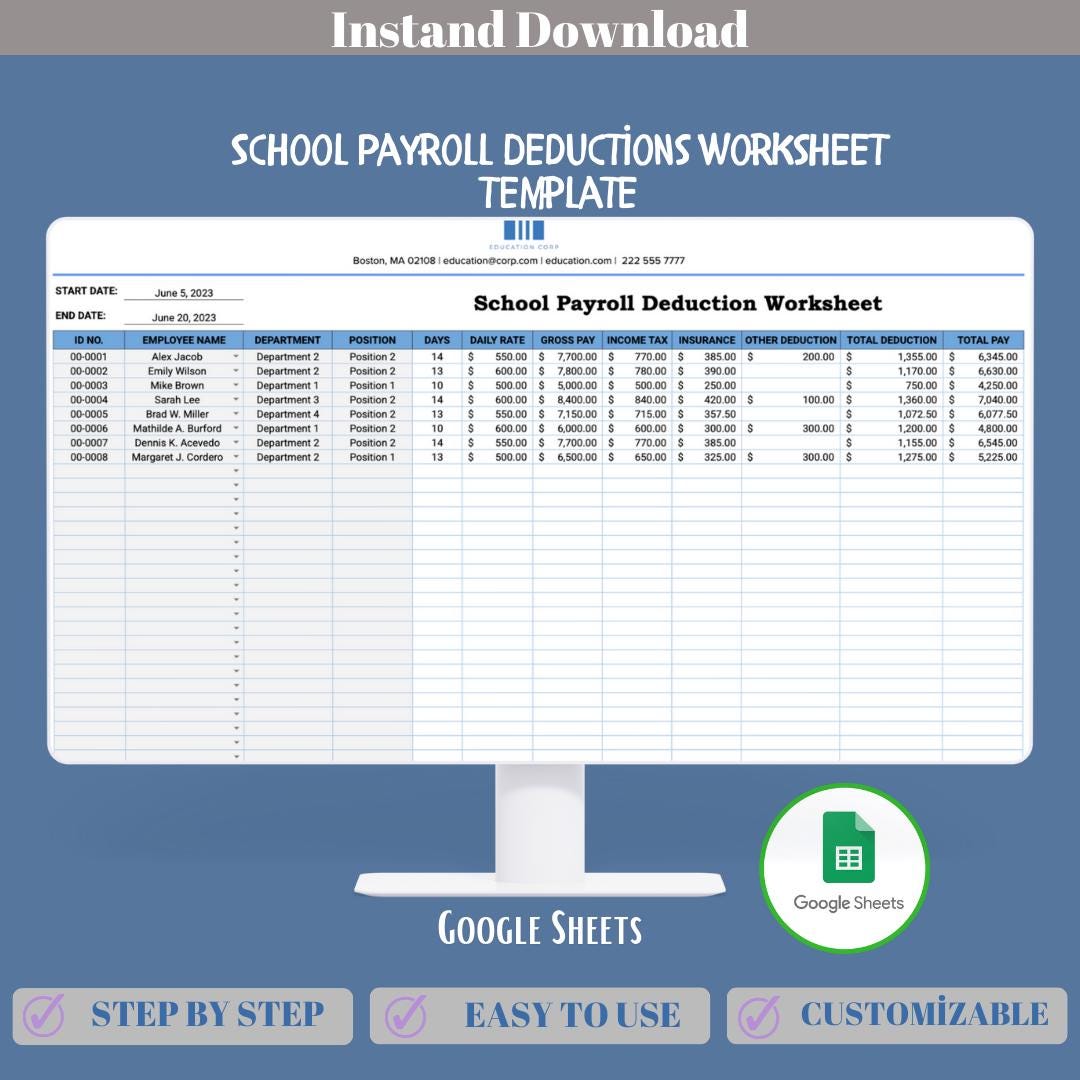 School Payroll Deductions Worksheet Template in Google Sheets With Tax ...
