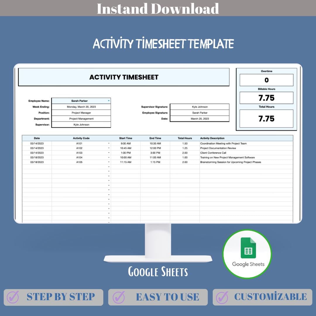 Activity Timesheet Template Google Sheets, Editable Daily Task Log ...