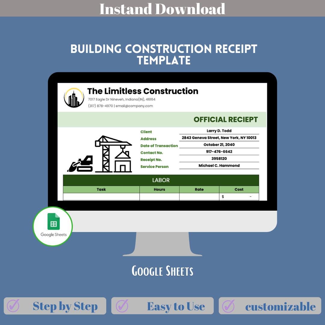 Building Construction Receipt Template,editable,contractor Invoice ...