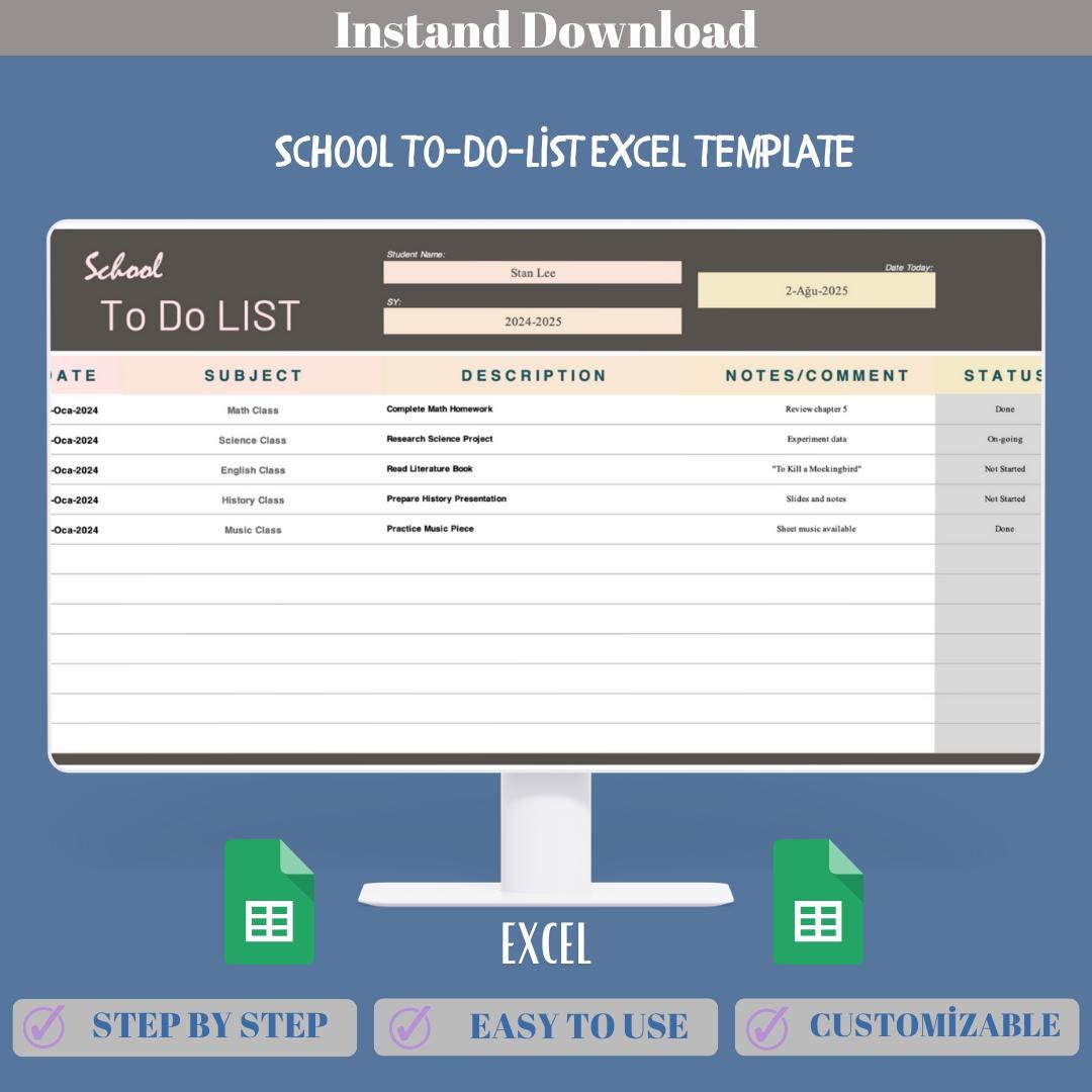 Student To-do List Excel Template, Track Homework, Manage Deadlines ...
