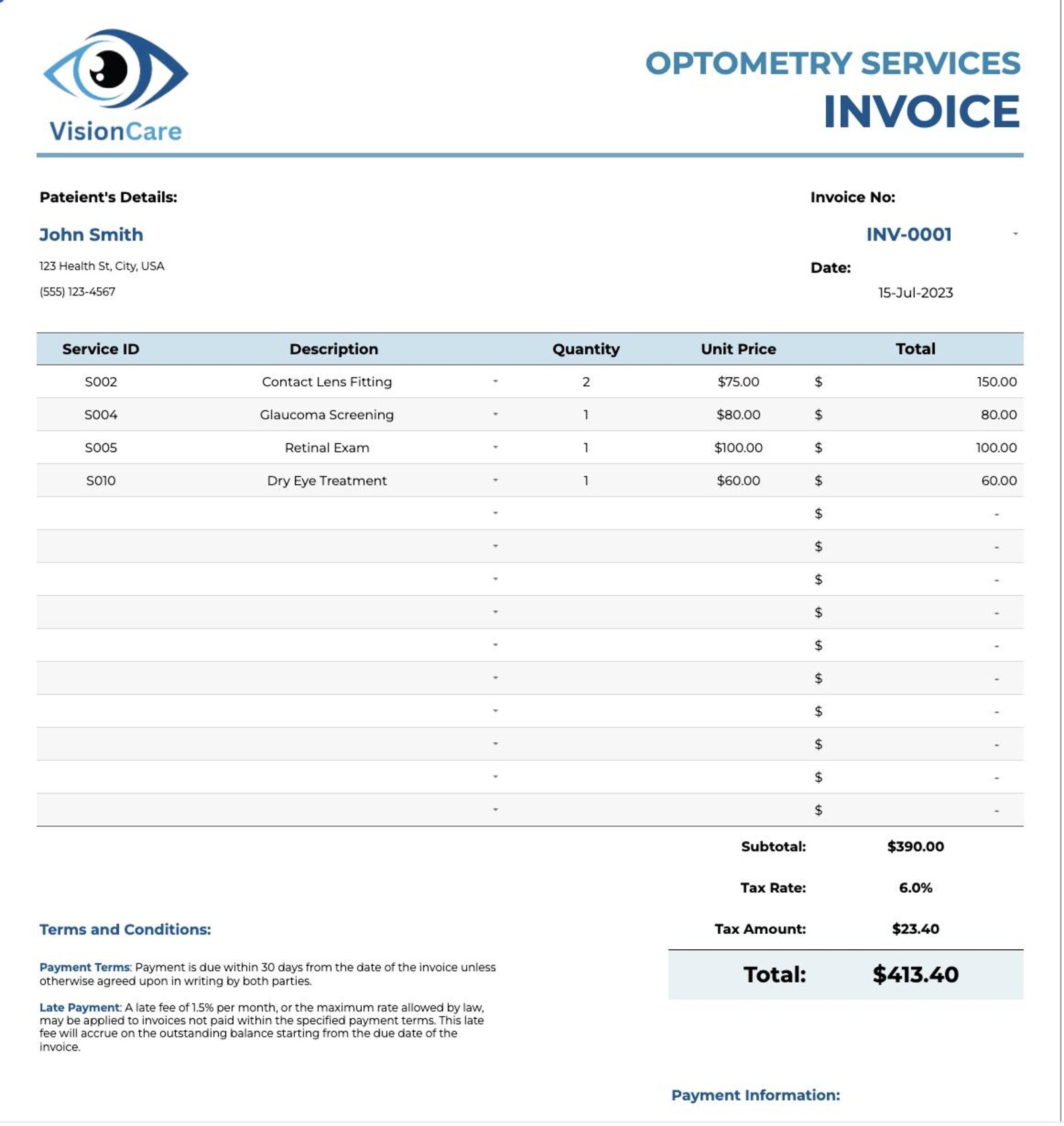 Optometry Services Invoice Google Sheets Template, Editable Vision Care ...