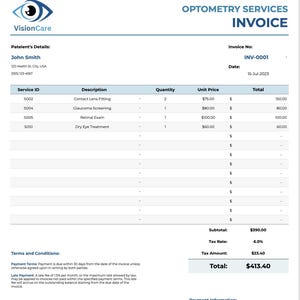 Optometry Services Invoice Google Sheets Template, Editable Vision Care ...