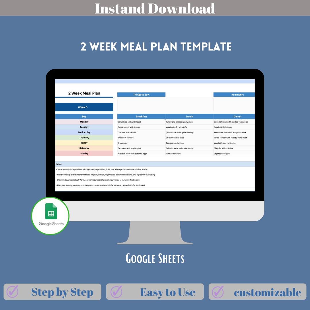 2 Week Meal Plan Template, Digital Download, Editable Excel or Google ...