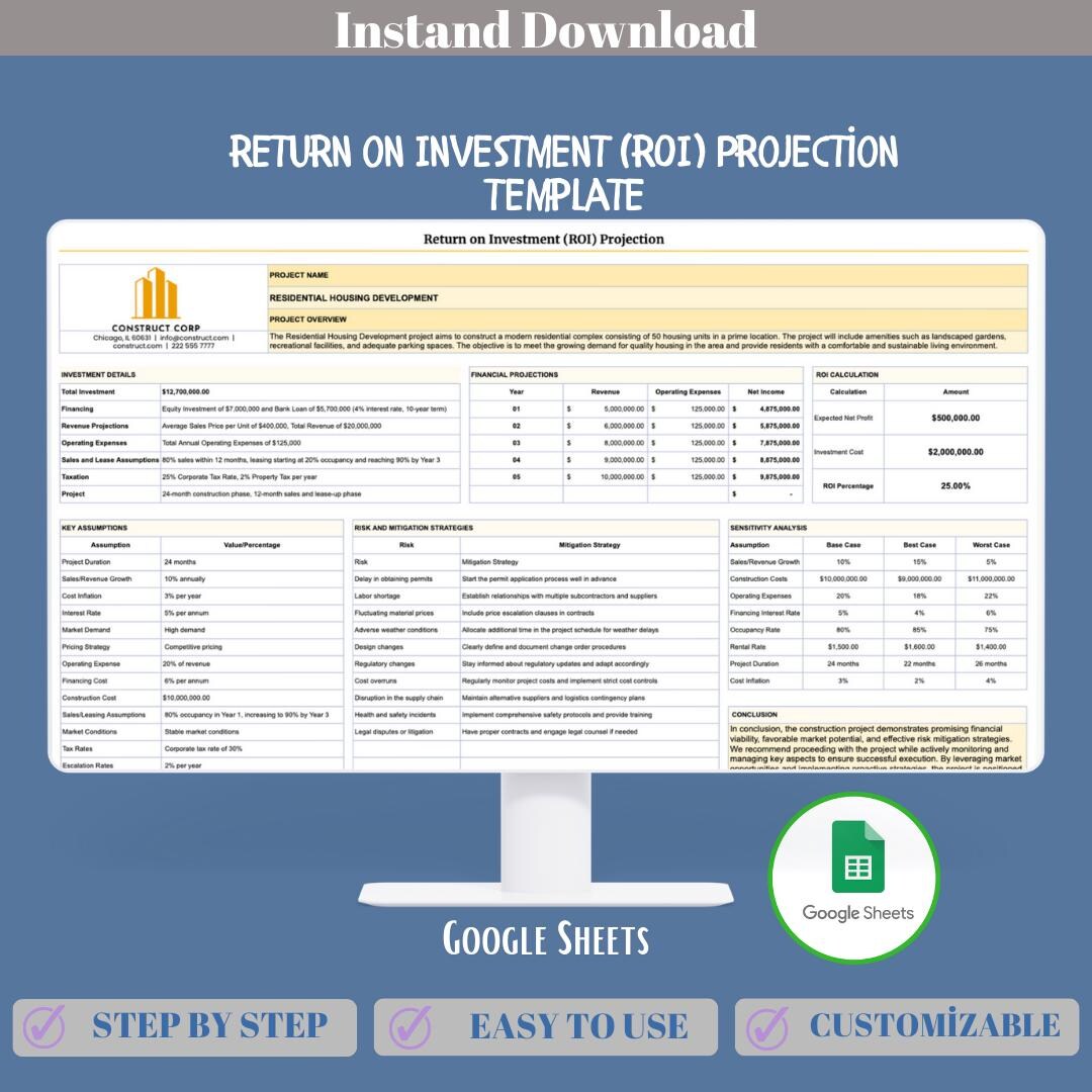 Return on Investment ROI Projection Template, Google Sheets Tool for ...