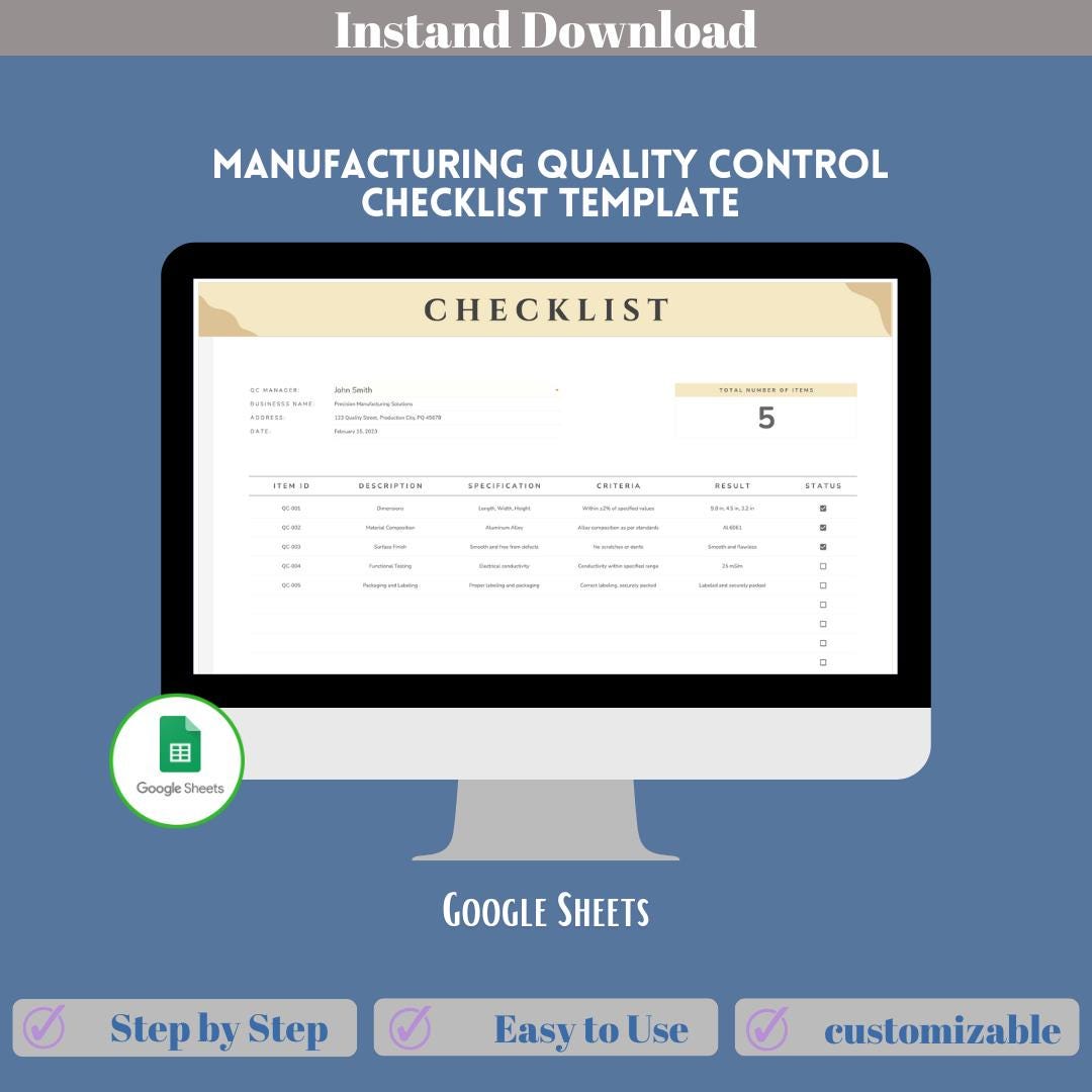 Manufacturing Quality Control Checklist Template, Digital Download, Editable Excel or Google ...