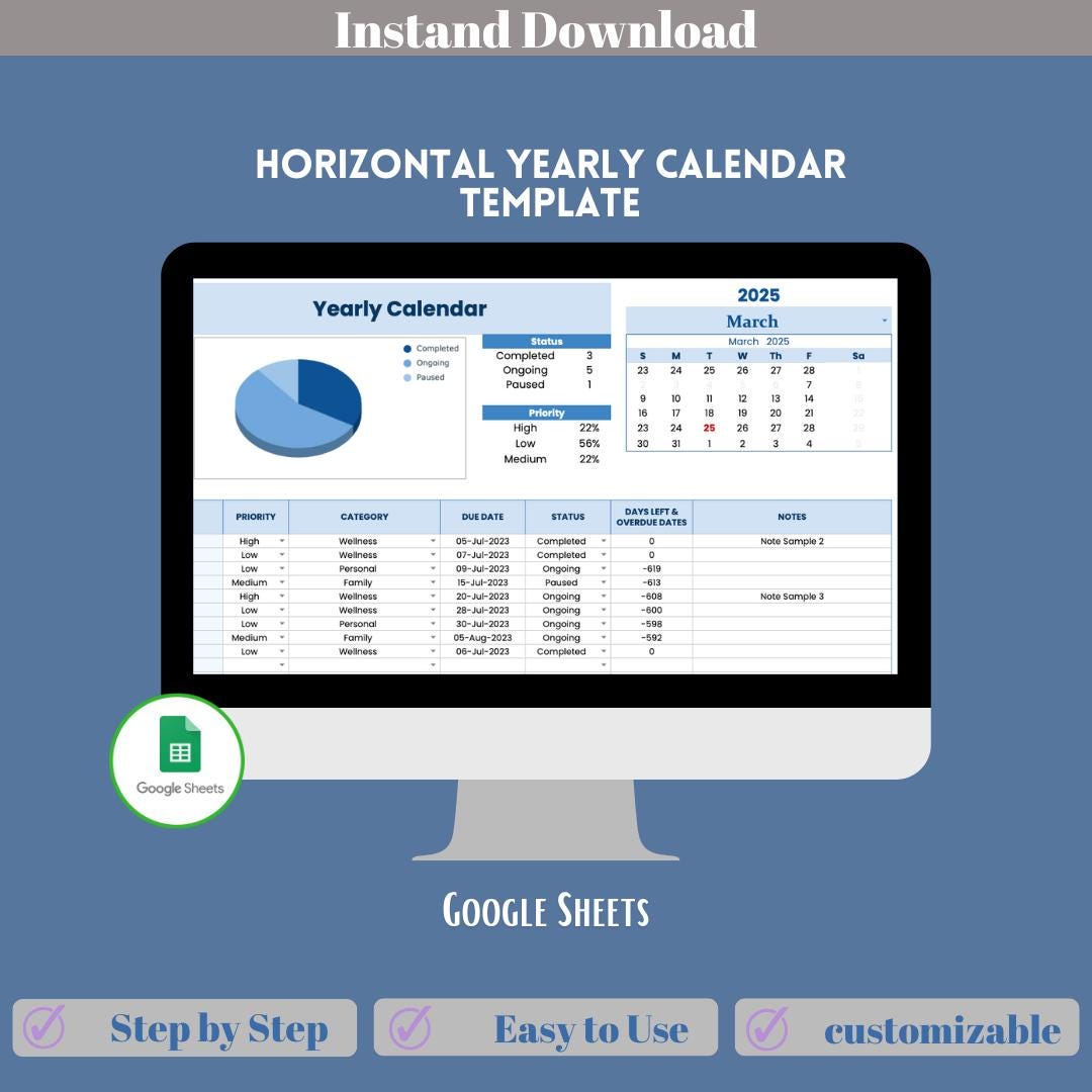 Horizontal Yearly Calendar Template, 12 Month Overview, Annual Planner ...