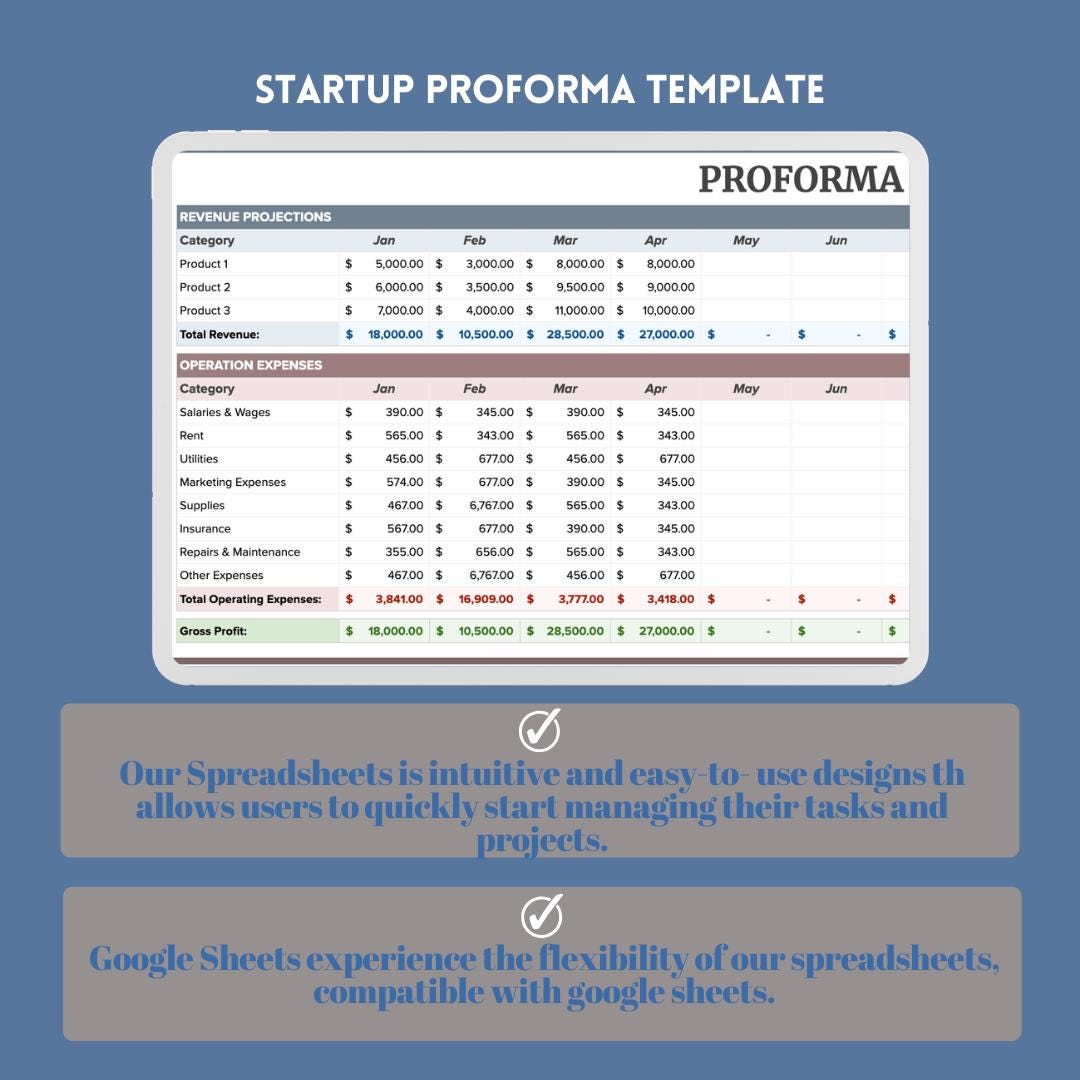 Startup Proforma Template, Digital Download, Editable Excel, Business ...