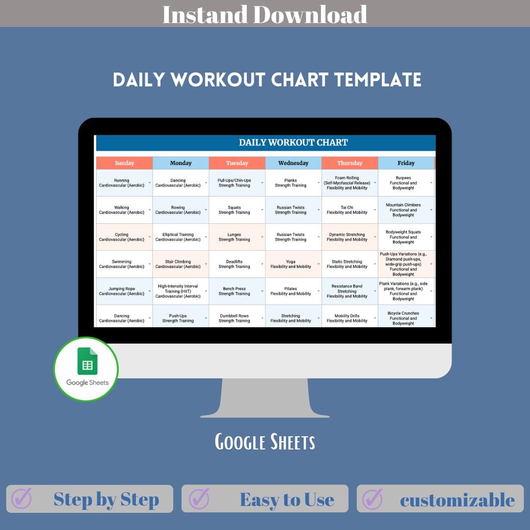 Daily Workout Chart Template, Digital Download, Editable Google Sheets ...