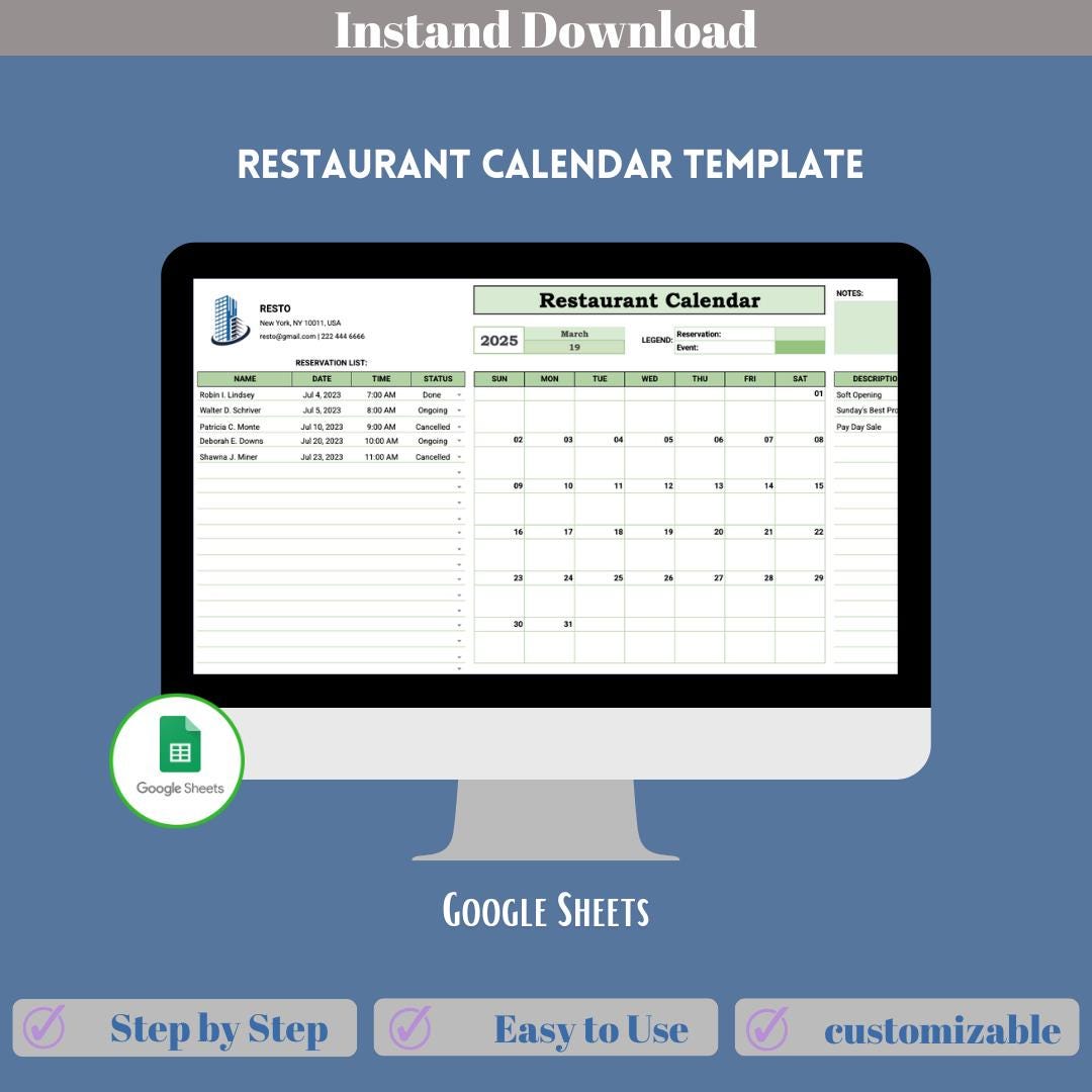 Restaurant Calendar Template, Staff Scheduling, Shift Planner, Event ...
