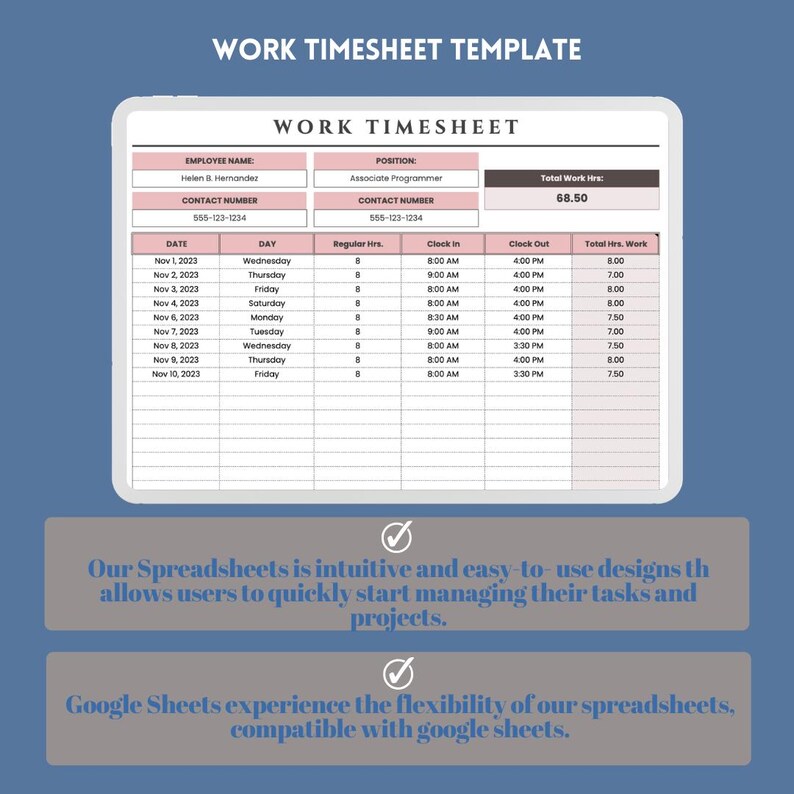 Work Timesheet Google Sheets Time Tracker Employee Timesheet Hour ...