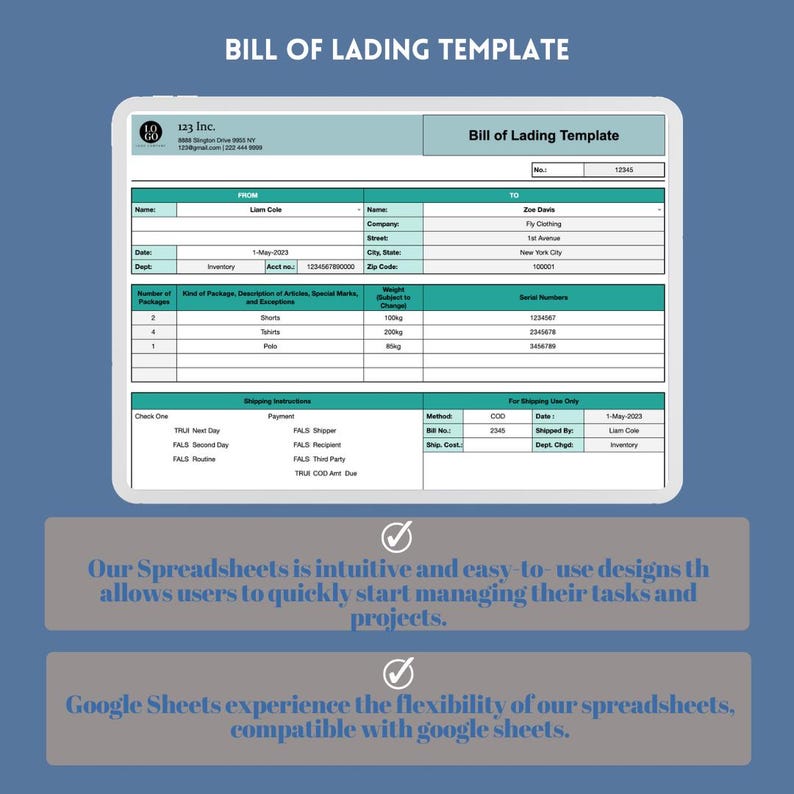 Bill of Lading Template Google Sheets, Editable Shipping Document ...