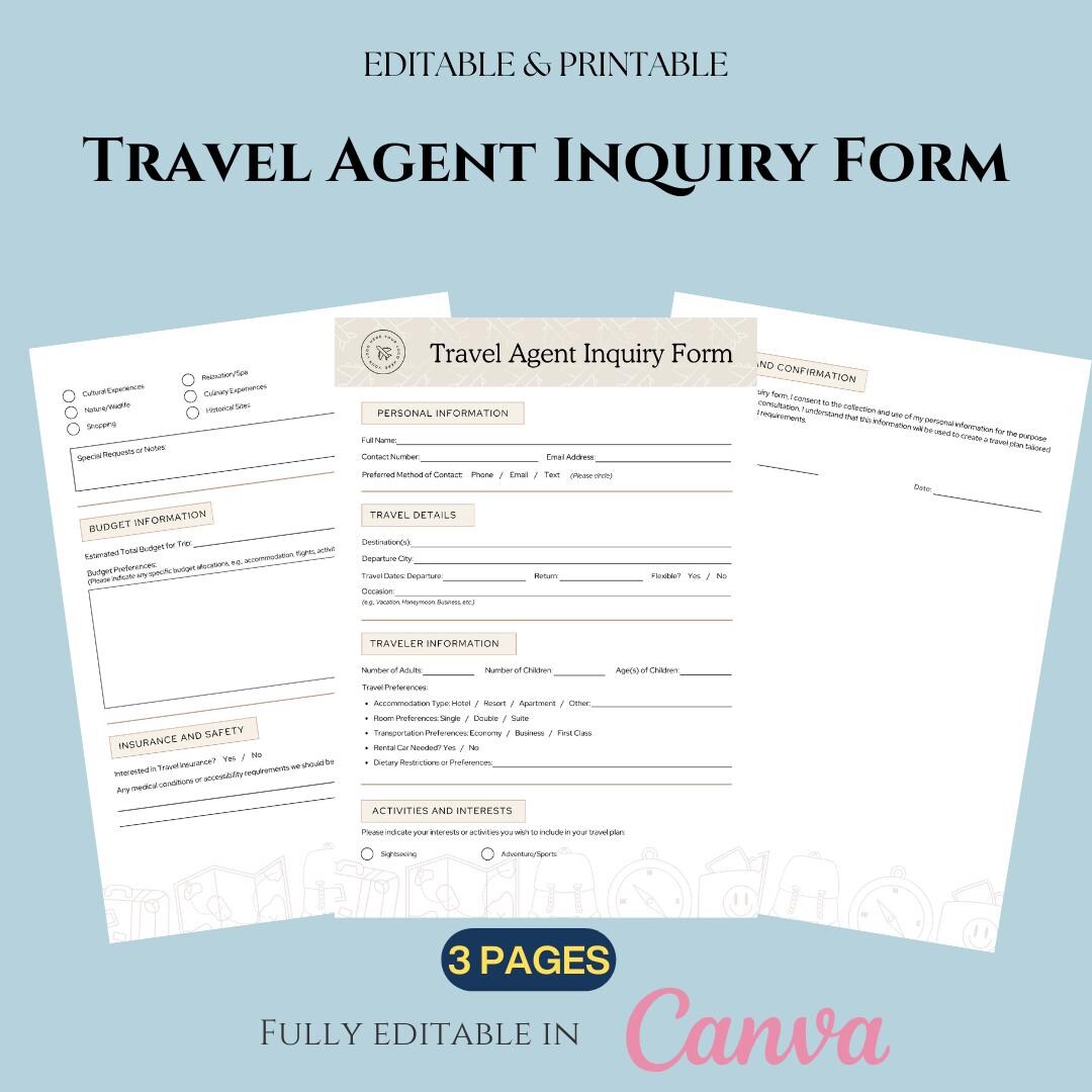 Travel Agent Inquiry Form Canva Template, Client Booking Sheet ...