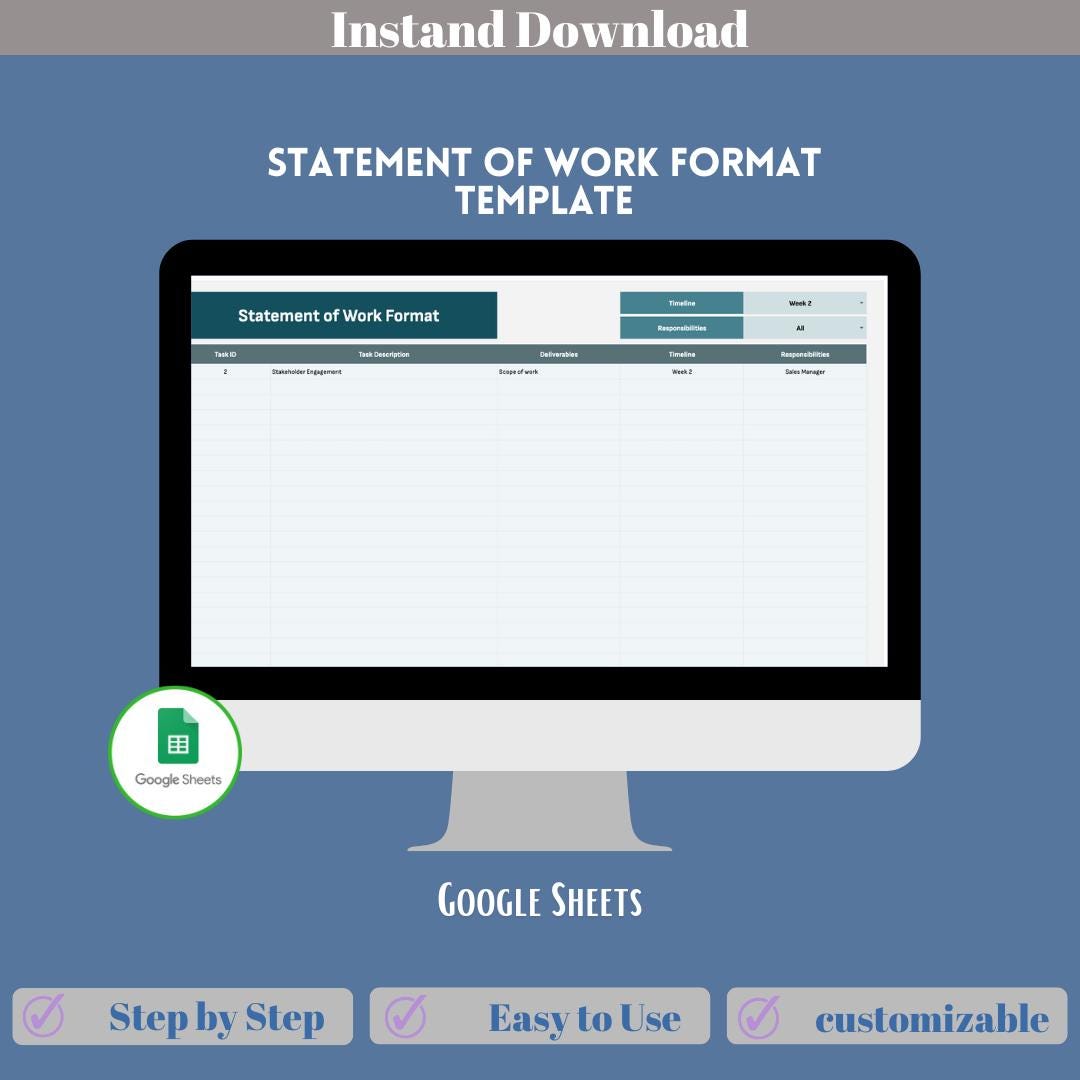 Statement of Work Format Template, Digital Download,editable Excel or ...