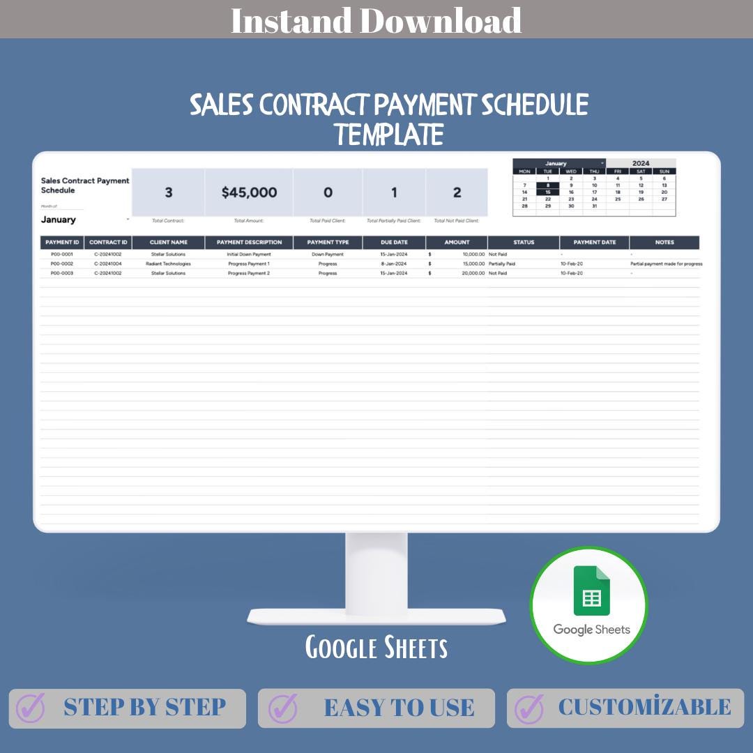 Sales Contract Payment Schedule Template Google Sheets, Editable Payment Plan Log, Installment ...
